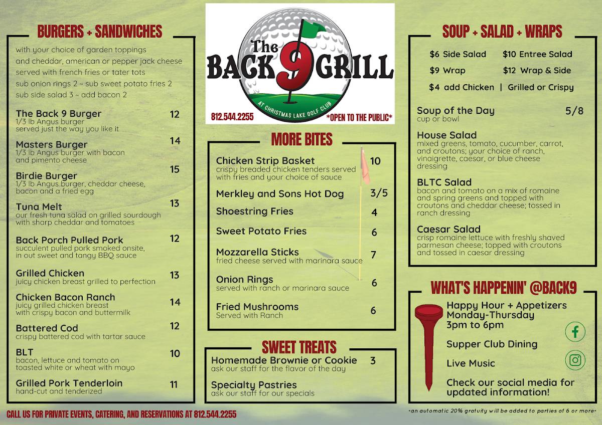 Menu at Back 9 Grill pub & bar, Santa Claus