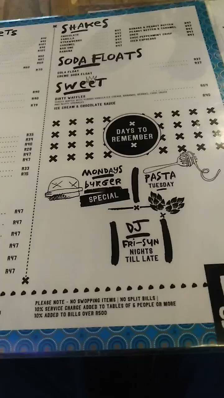 Menu at BeerShack pub & bar, Port Elizabeth, Dolphin's Leap