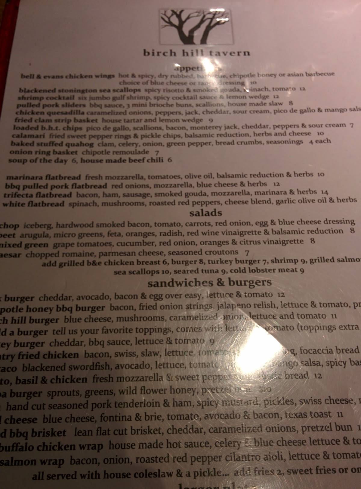 Menu at Birch Hill Tavern pub & bar, Glastonbury
