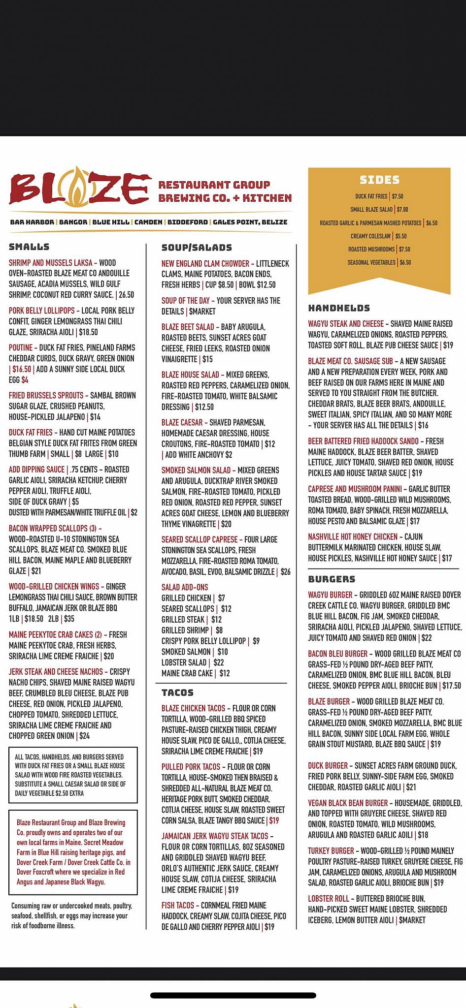 Menu at Blaze pub & bar, Bar Harbor