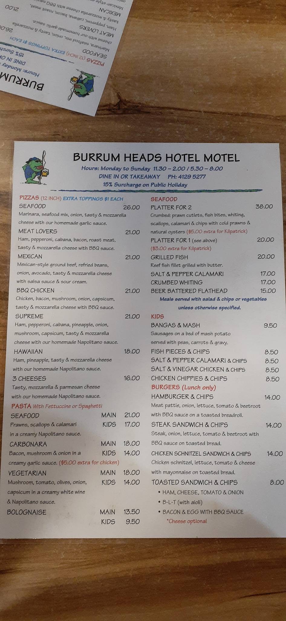 Menu at Burrum Tavern pub & bar, Burrum Heads