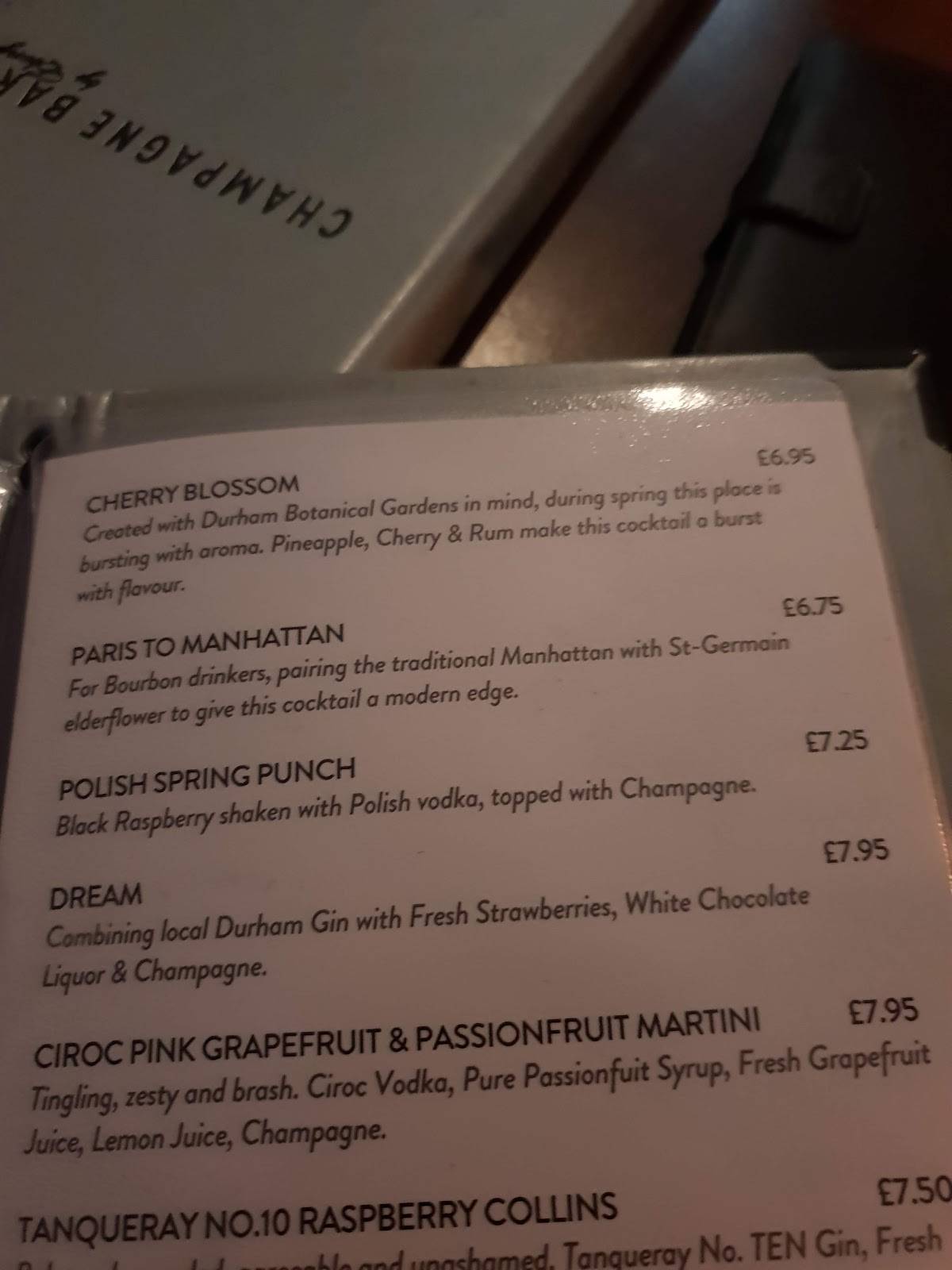 Menu at Champagne Bar, Durham