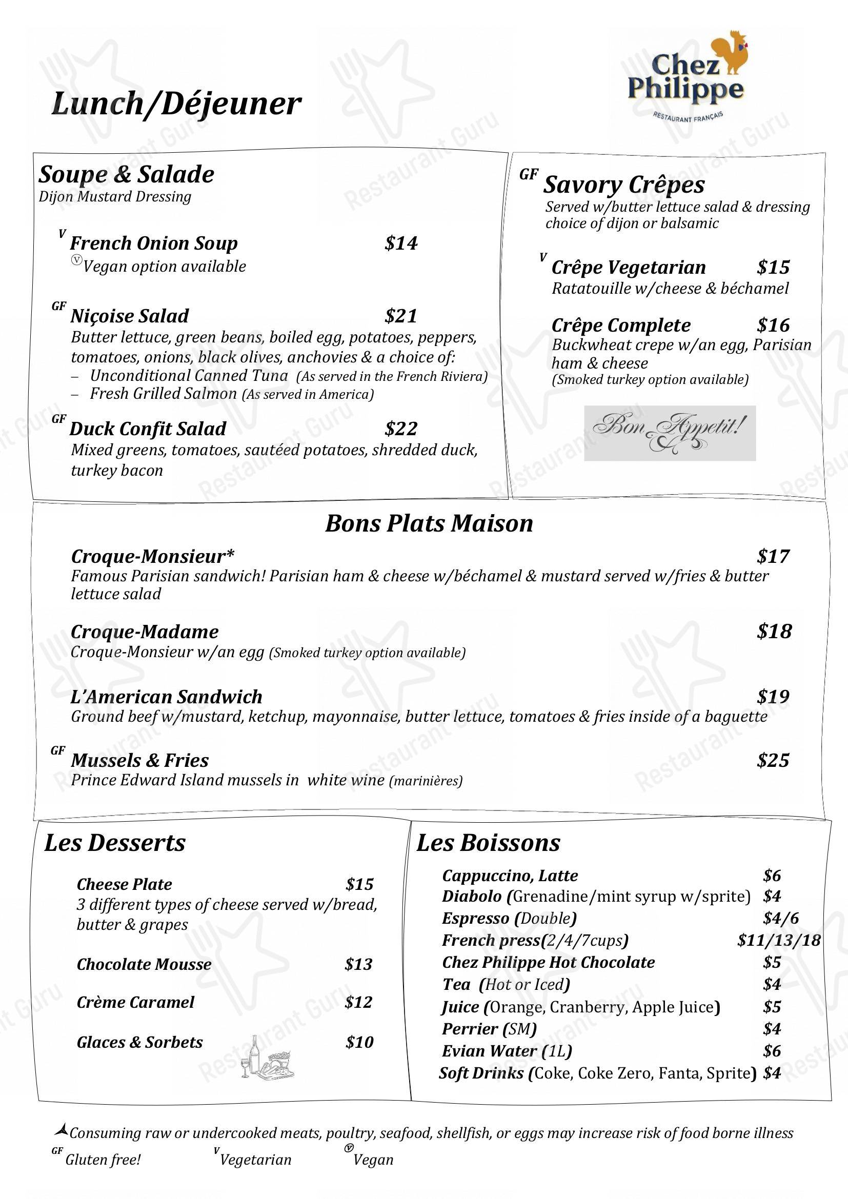 Carta del pub y bar Chez Philippe, Los Gatos