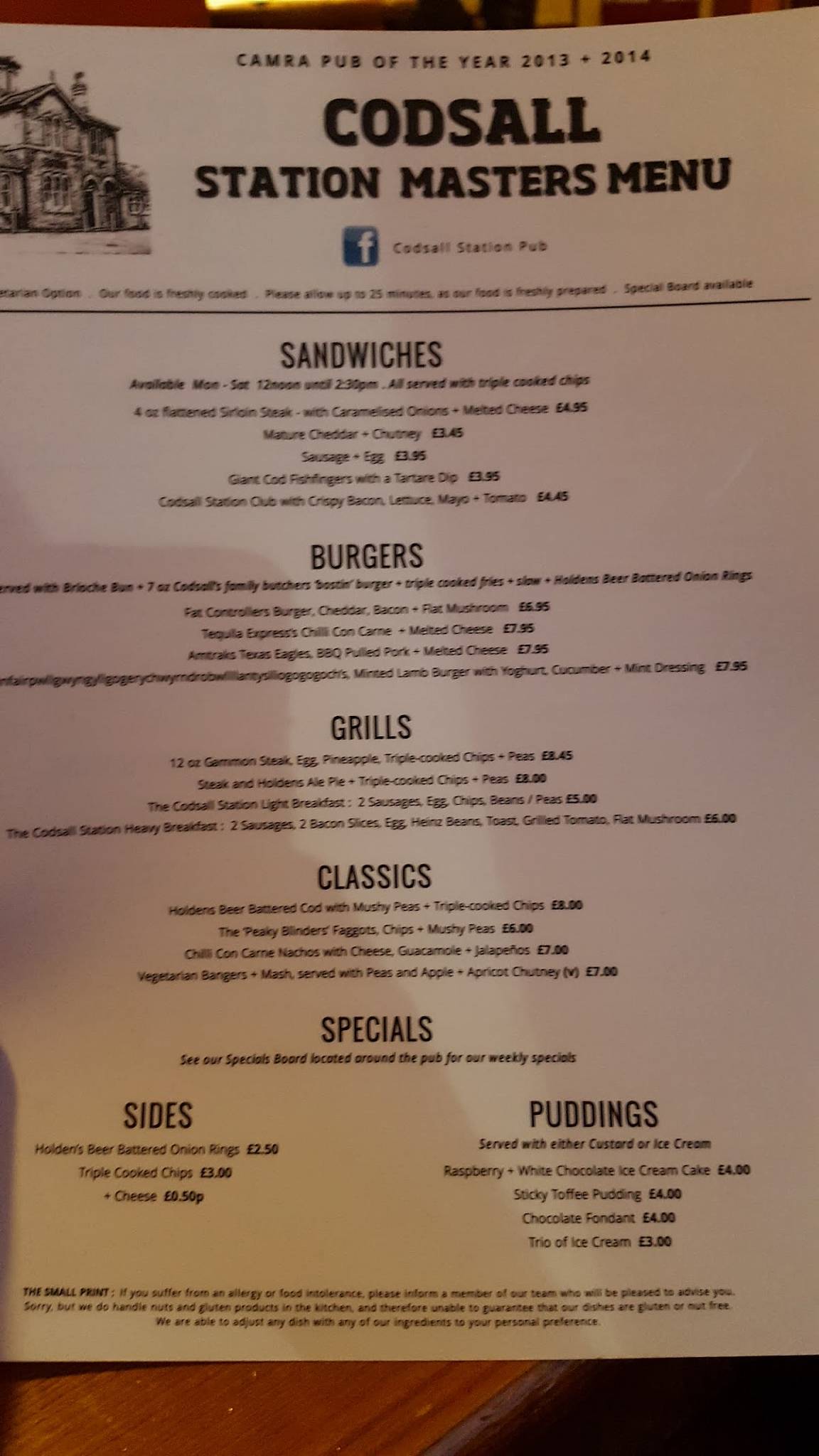 Menu at Codsall Station Pub, Wolverhampton