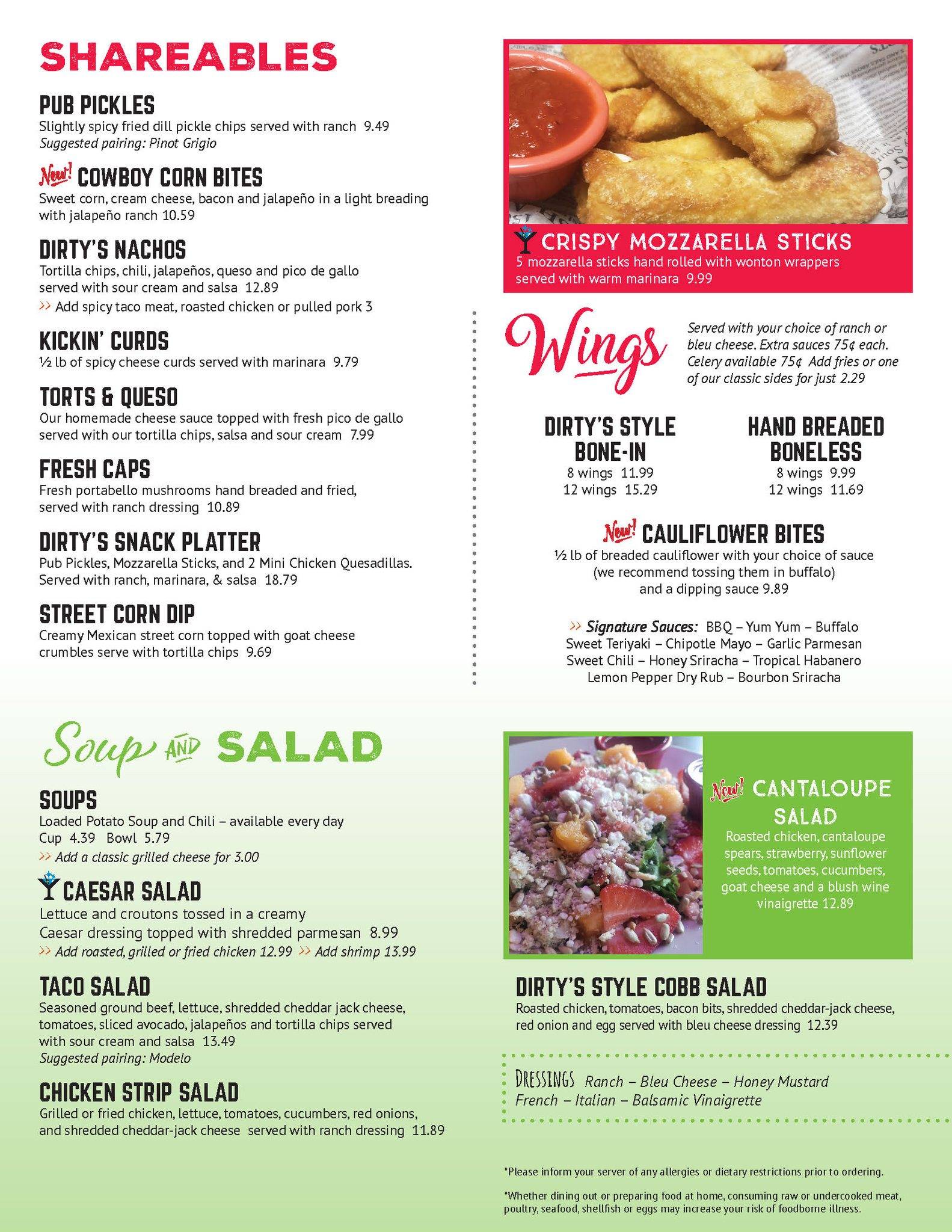 Menu at Dirty's Bar & Grill, Charleston