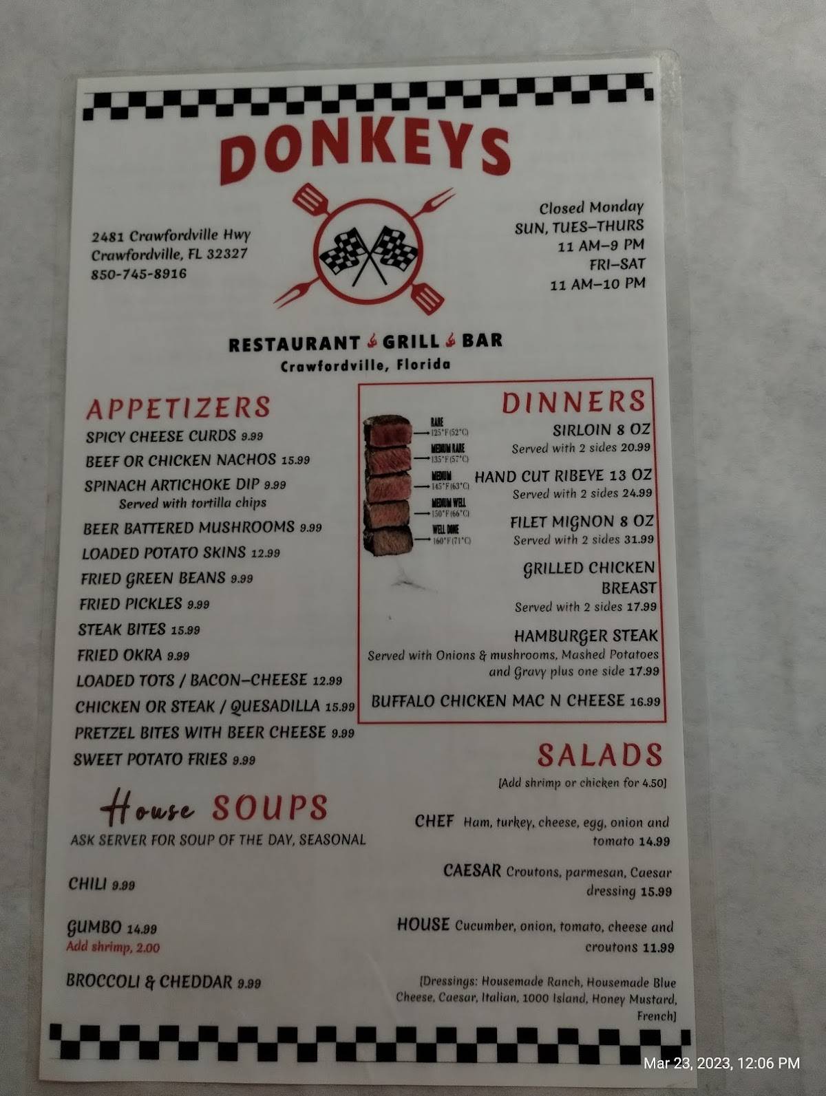 Menu at Donkeys Bar & Grill, Crawfordville