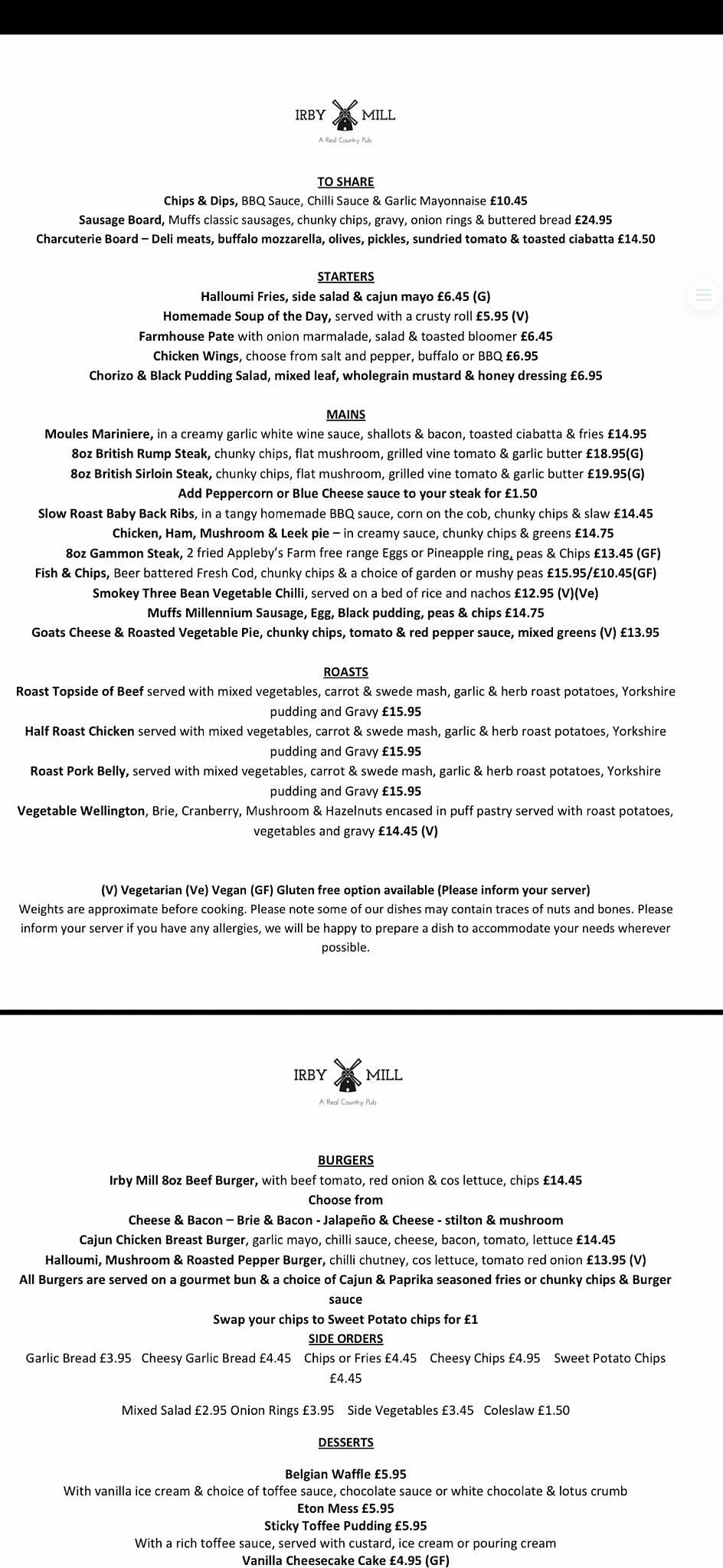 Menu at Irby Mill pub & bar, Greasby