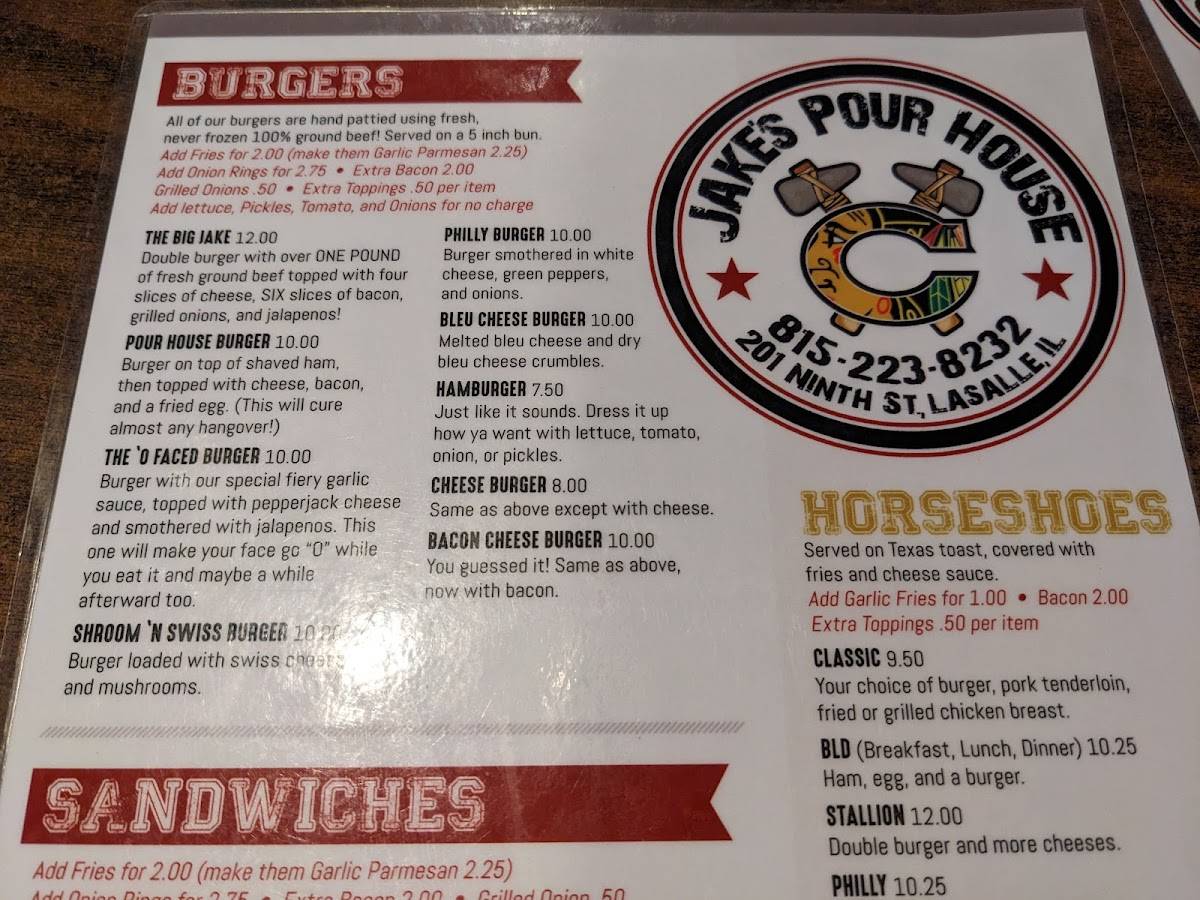 Menu at Jake's Pourhouse pub & bar, LaSalle