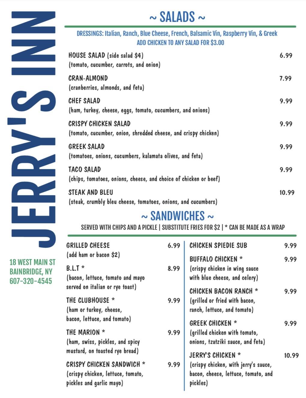 Menu at Jerry's Inn pub & bar, Bainbridge, 18 W Main St
