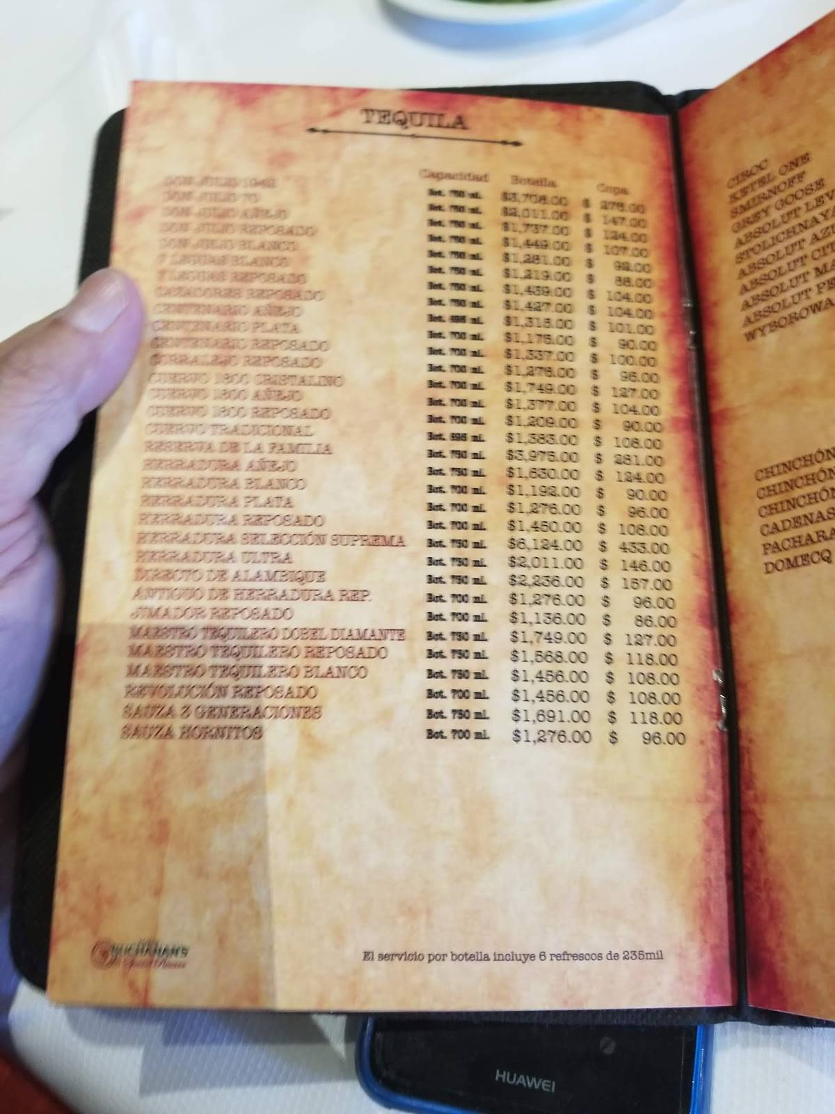 Menu at La Soldadera pub & bar, Mexico City