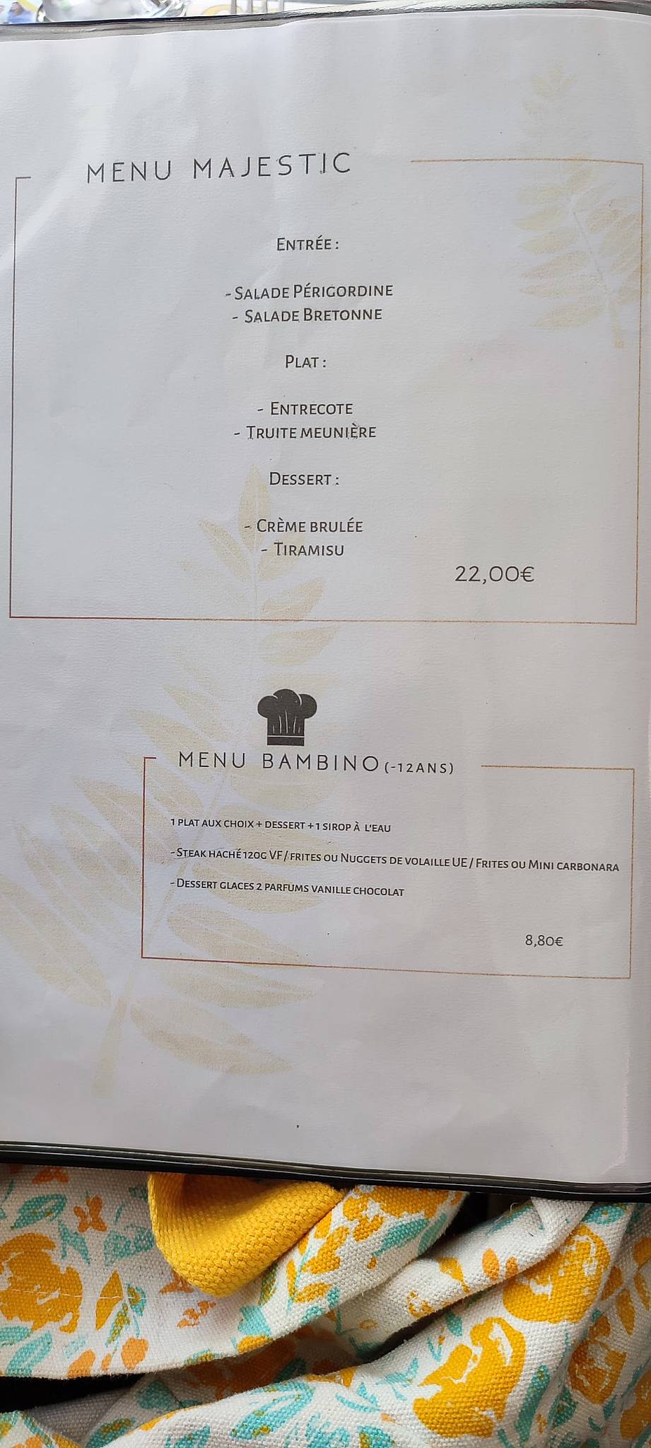 Menu au Le Majestic pub et bar, Chalon-sur-Saône