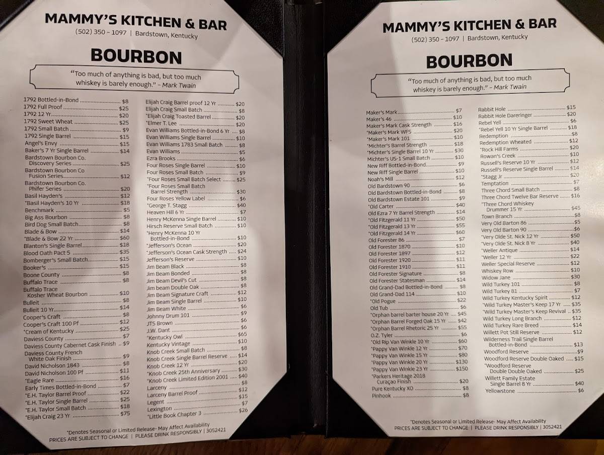 Menu at Mammy's Kitchen & Bar, Bardstown