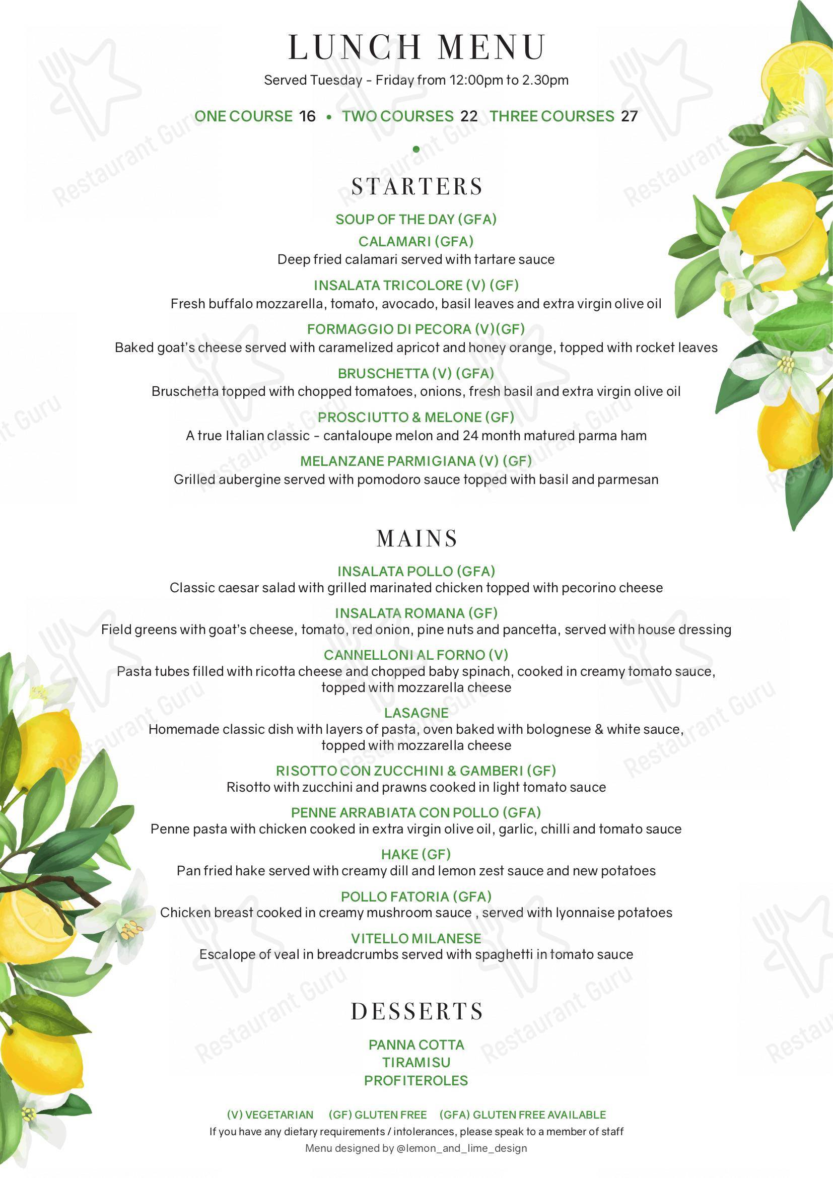 Menu at Olio on the Green pub & bar, Chelmsford