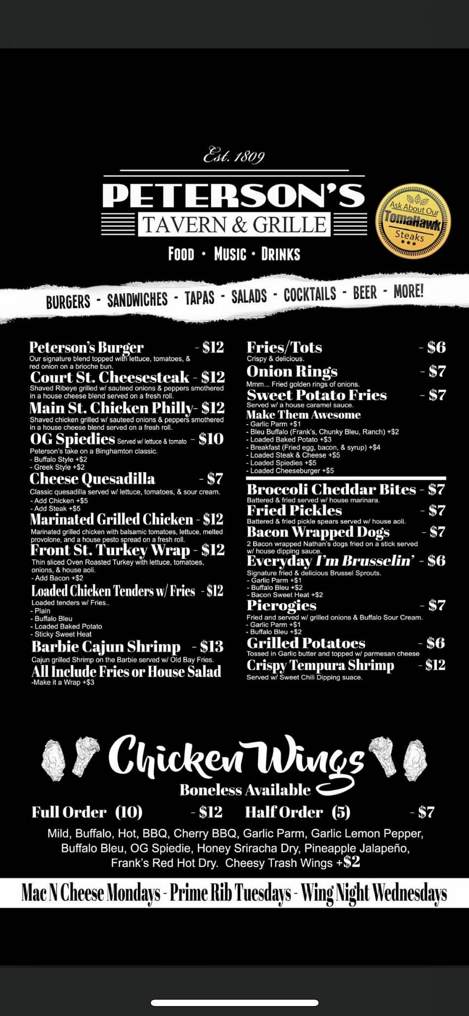 Menu at Peterson's Tavern pub & bar, Binghamton