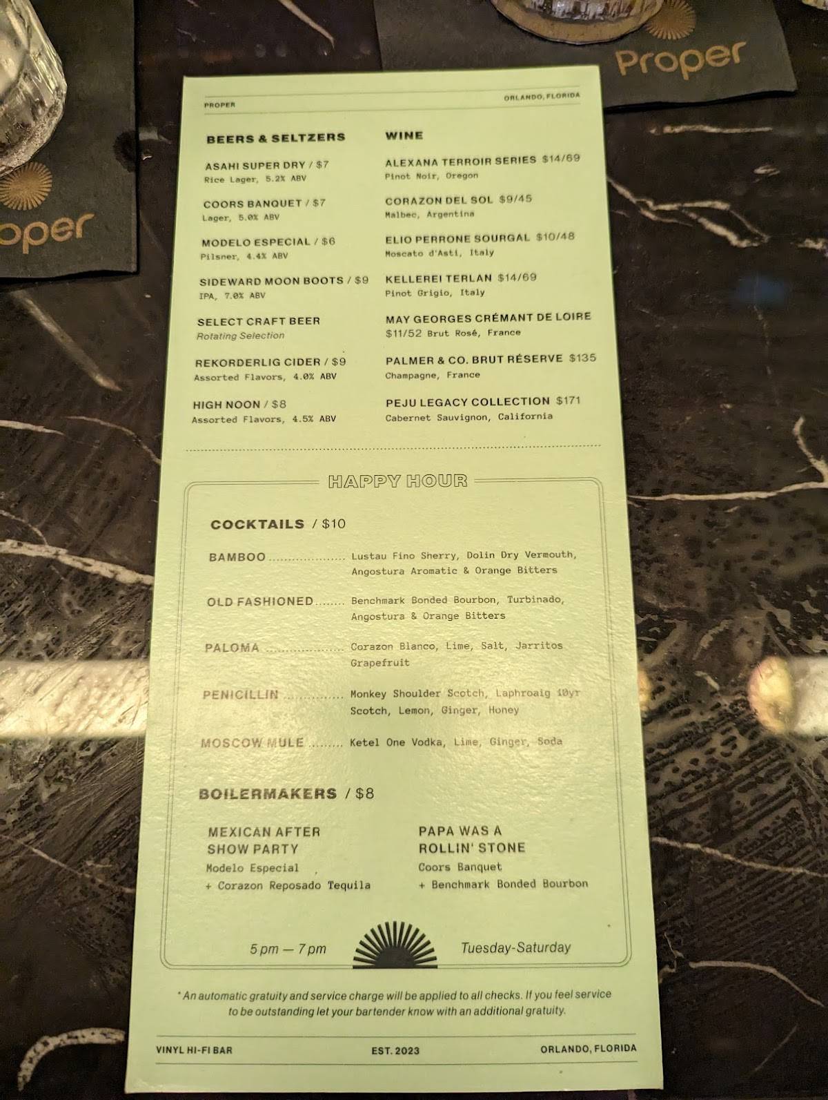 Menu at Proper Orlando pub & bar, Orlando