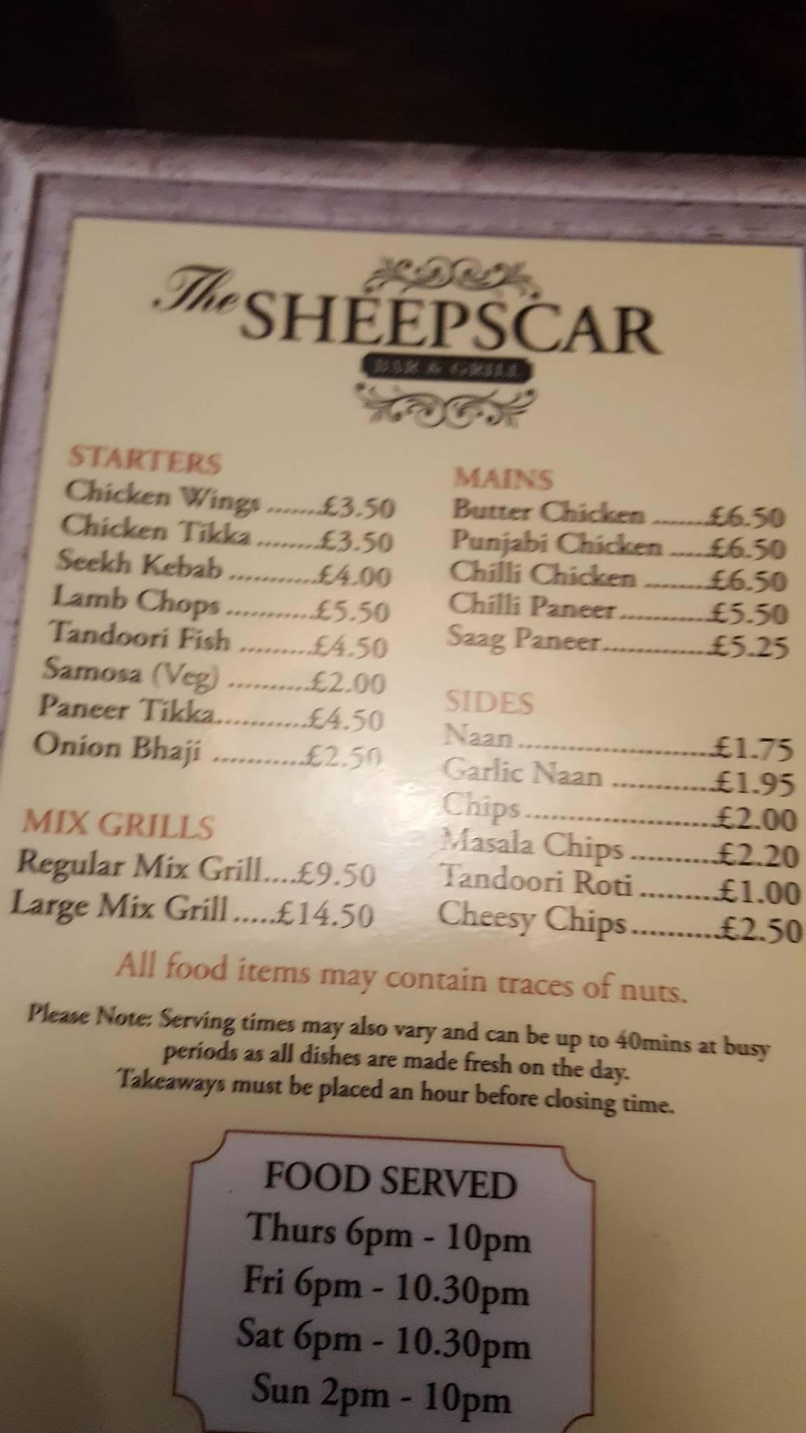Menu at Sheepscar Bar & Grill, Leeds