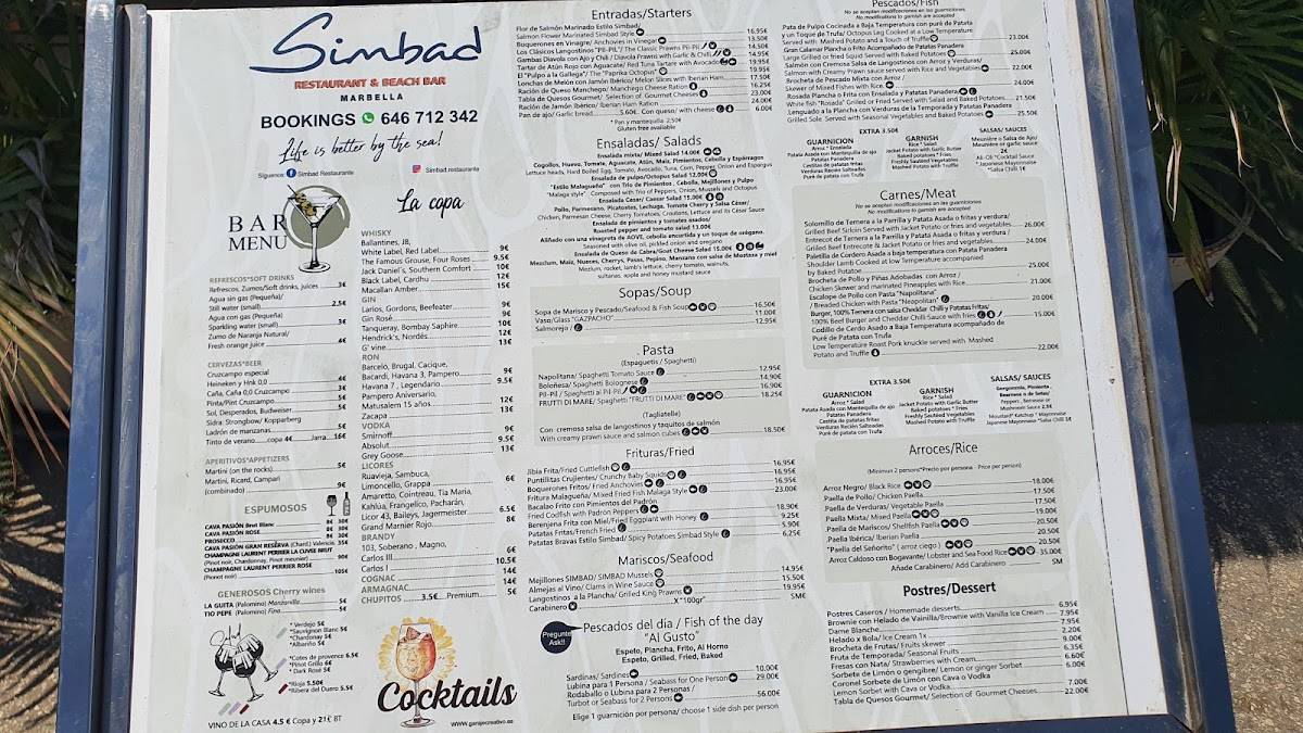 Menu at Simbad Restaurant & Beach Bar, Marbella