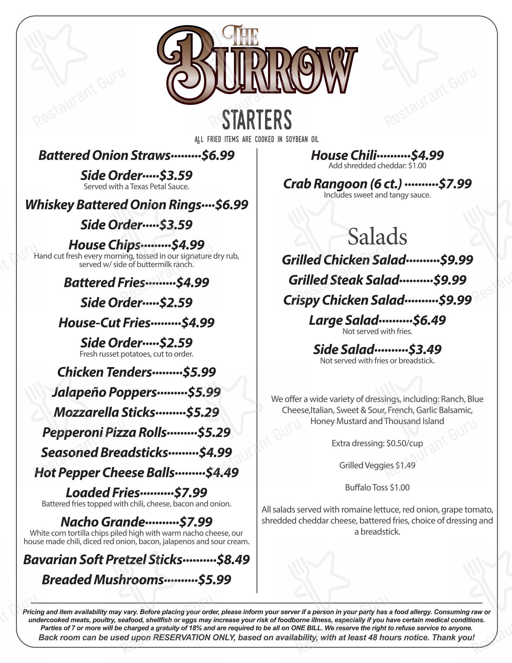 Menu at The Burrow pub & bar, Punxsutawney