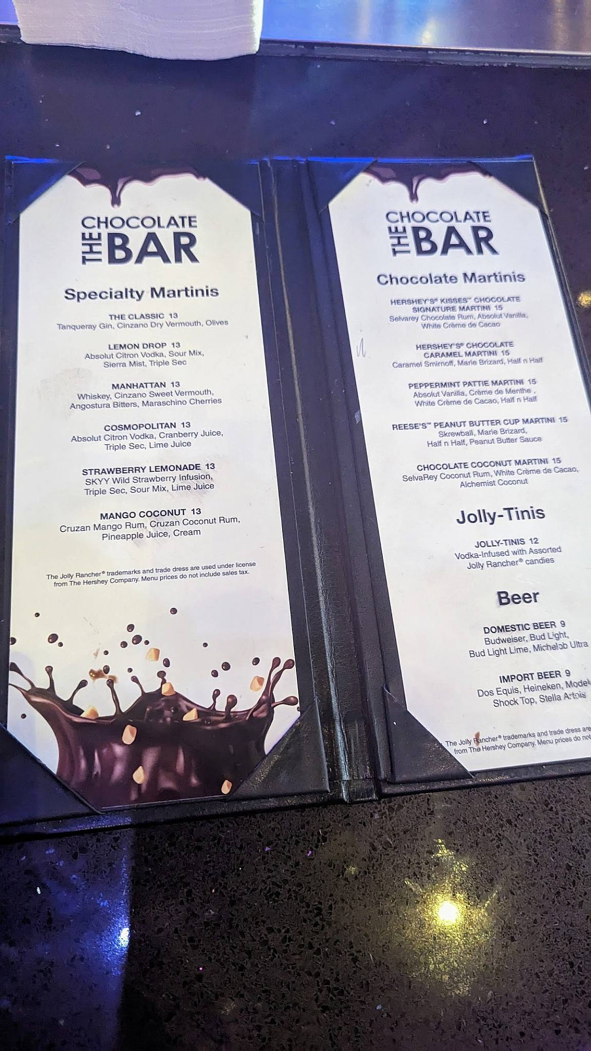 Menu at The Chocolate Bar, Las Vegas, S Las Vegas Blvd