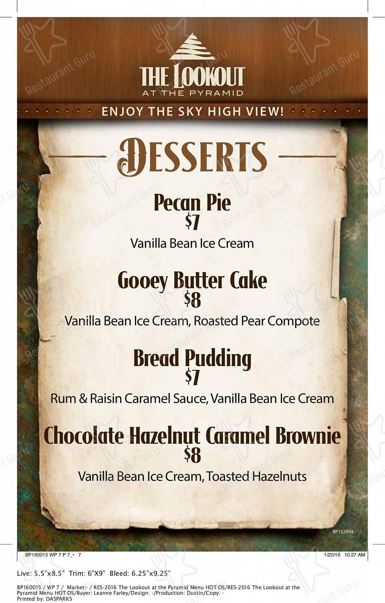 Menu at The Lookout at the Pyramid pub & bar, Memphis