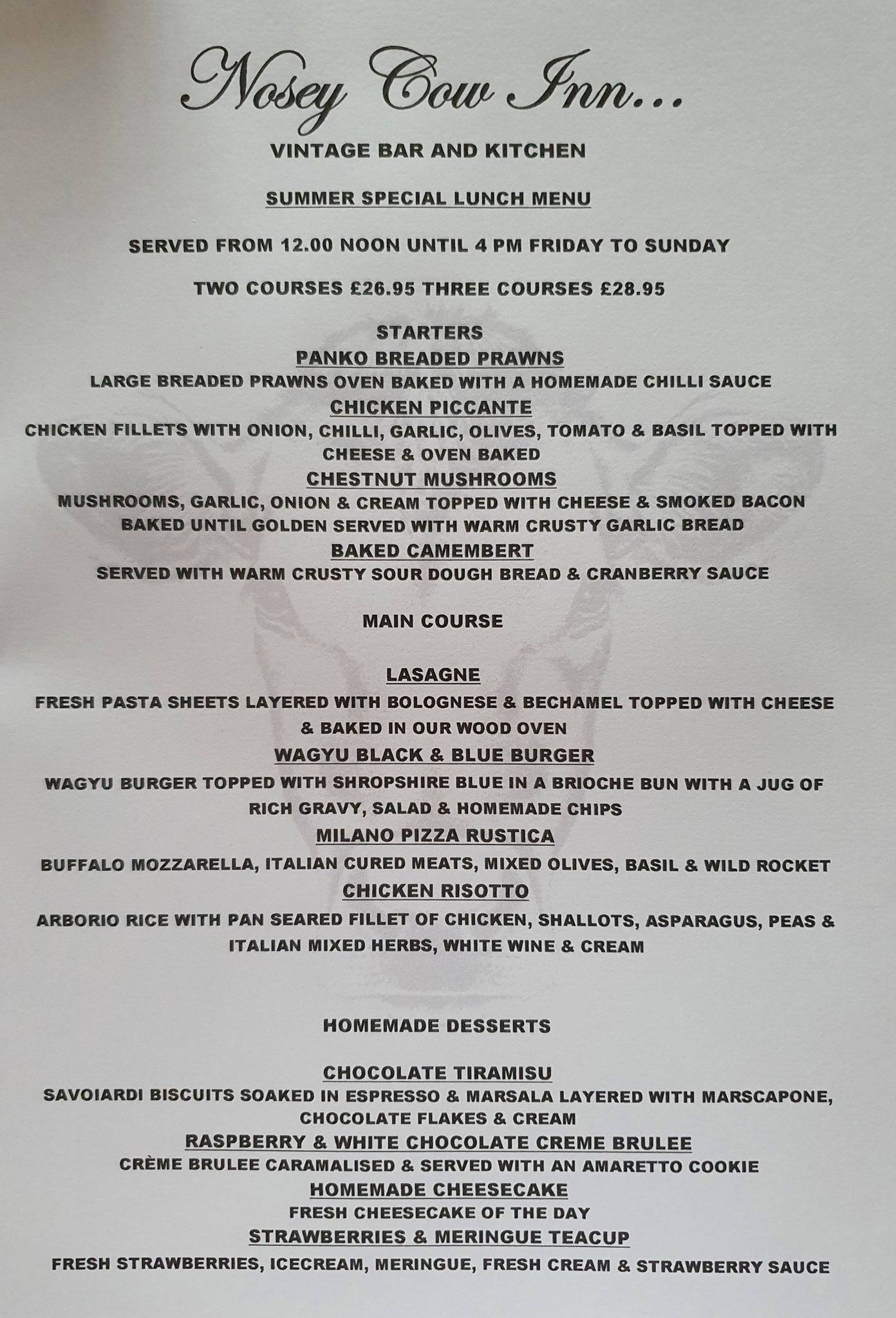 Menu at The Nosey Cow Inn pub & bar, Carlisle