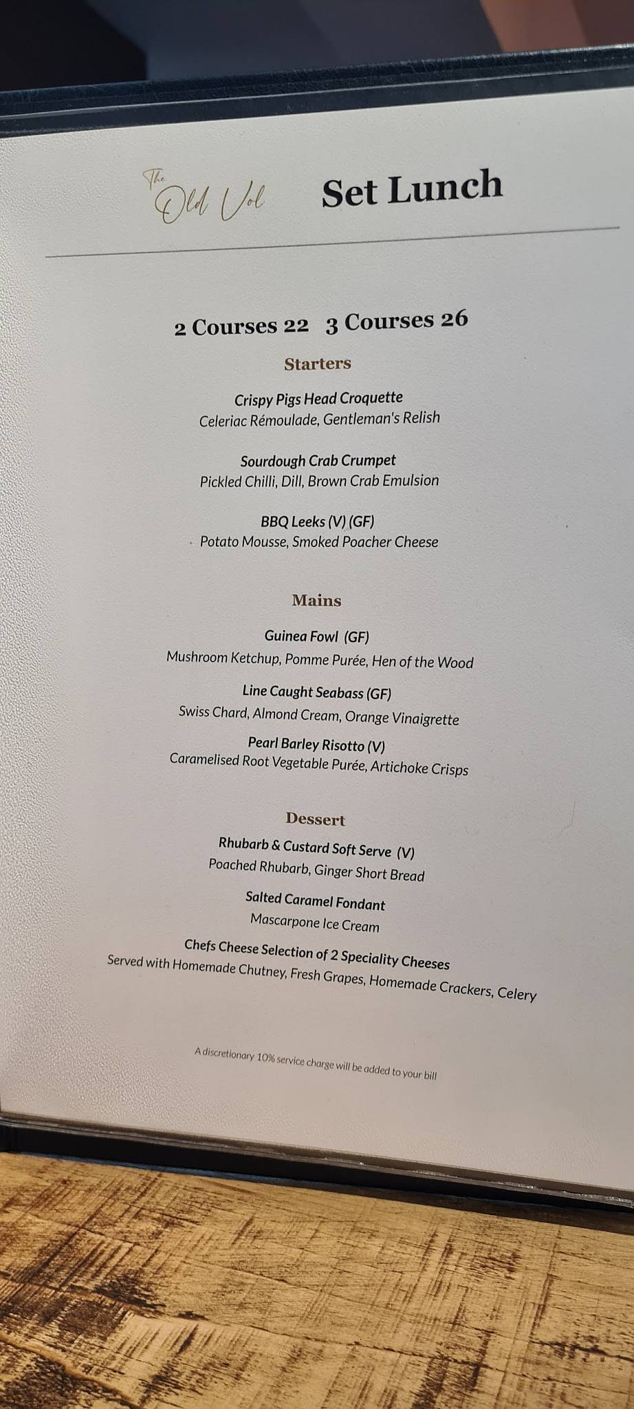 Menu at The Old Vol pub & bar, Lowdham