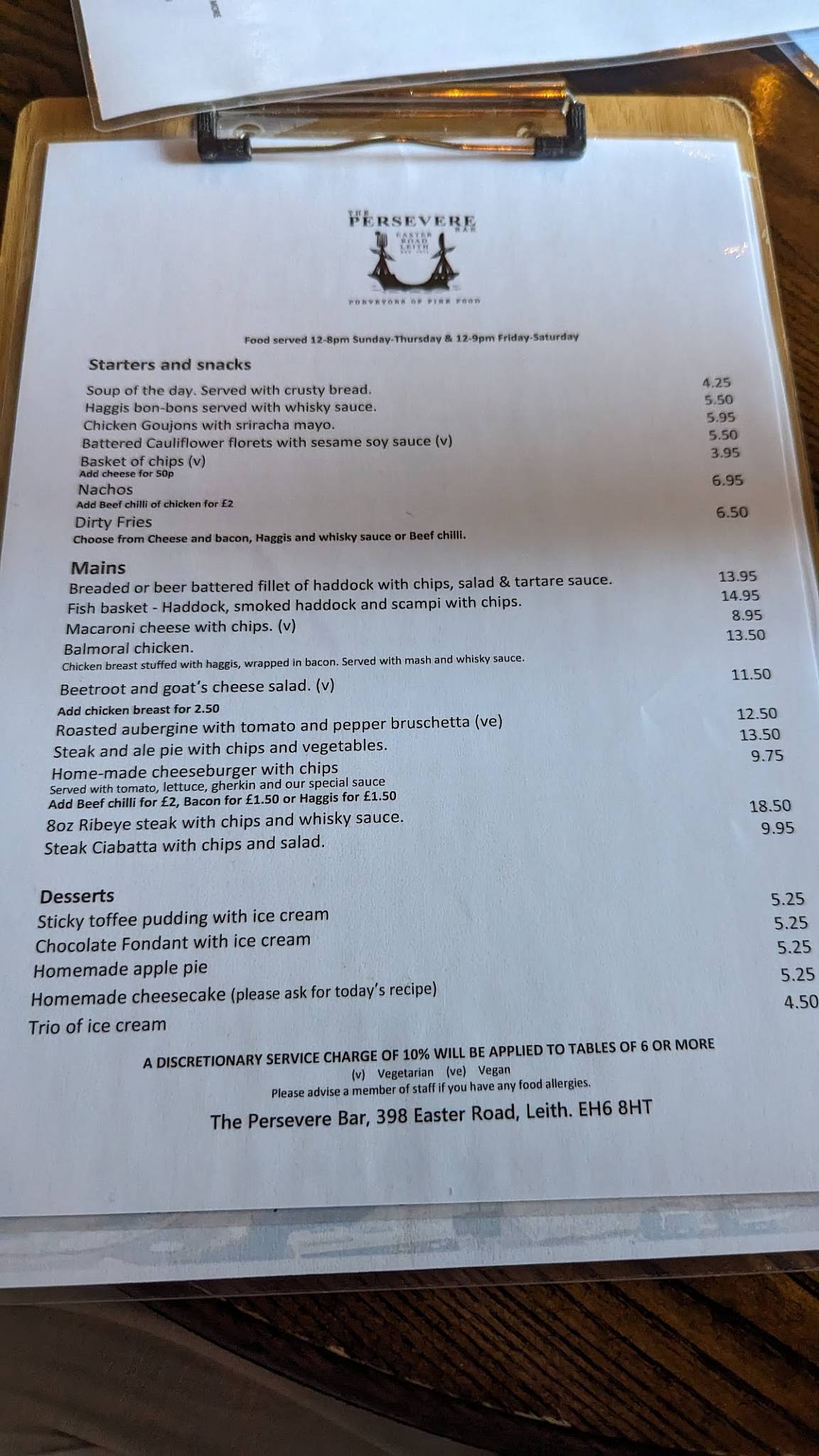 Menu at The Persevere Bar, Edinburgh