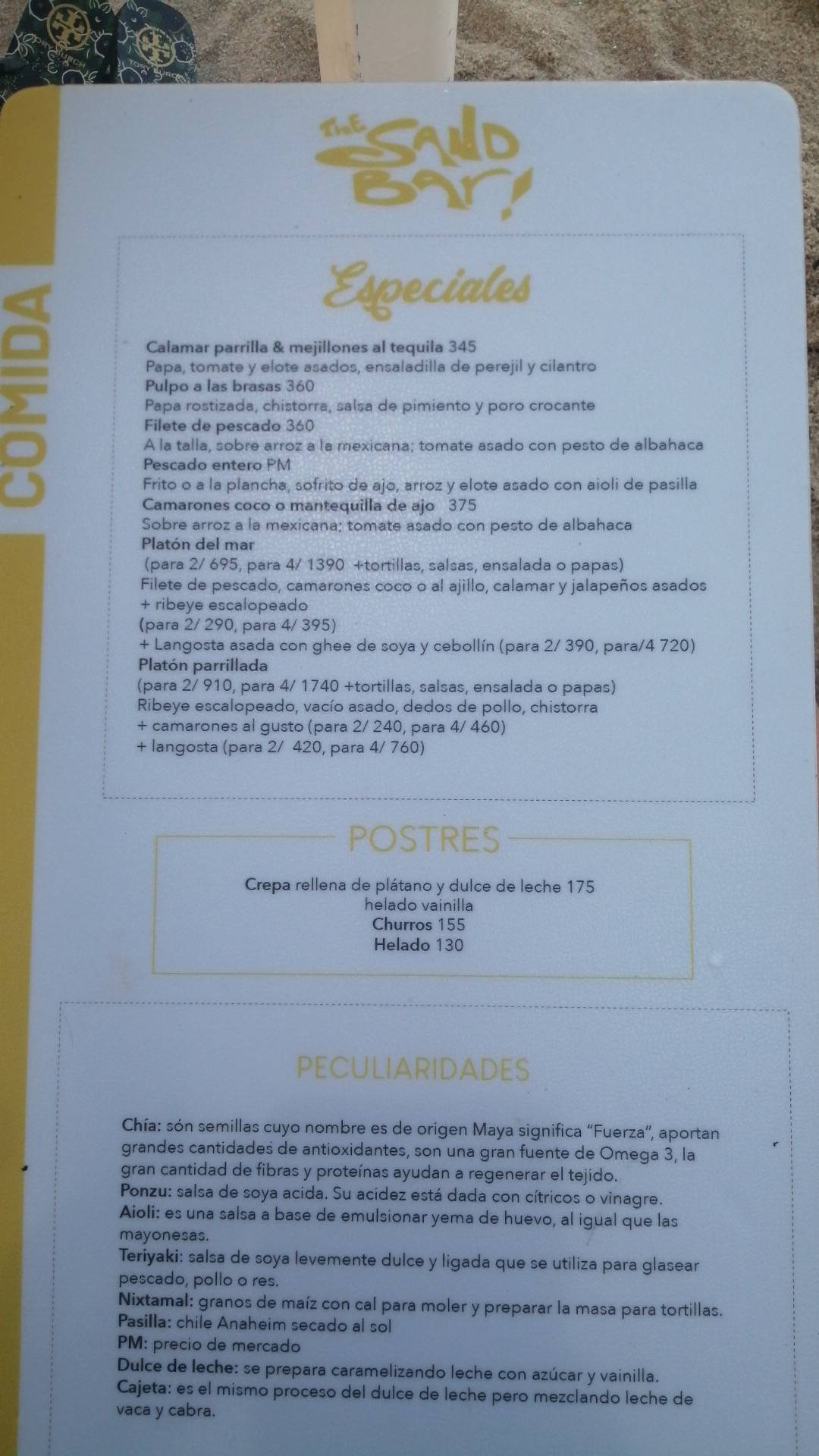 Menu at The Sand Bar, Cabo San Lucas, Calle Cormonares SN El
