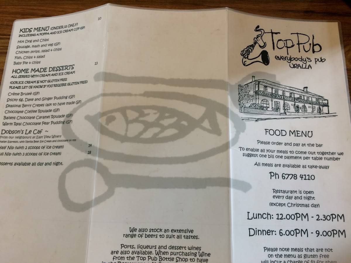 Menu at Top Pub, Uralla