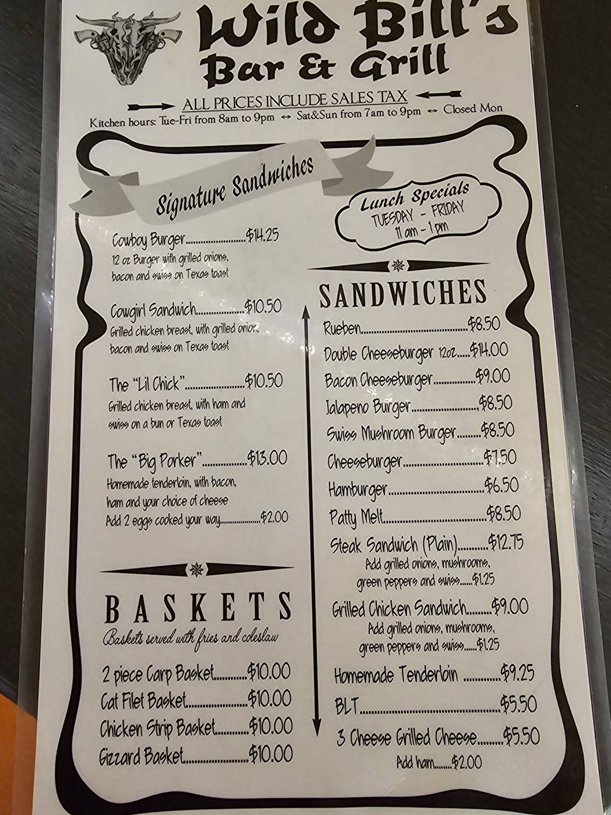 Menu at Wild Bill's Bar and Restaurant, Rulo