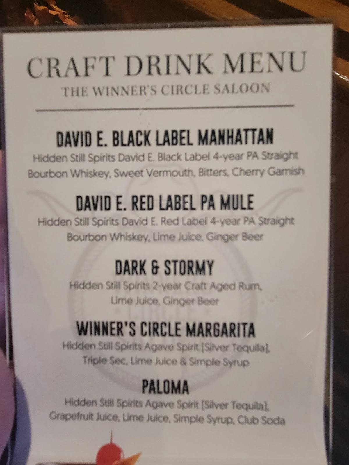 Menu at Winner's Circle Saloon pub & bar, Grantville