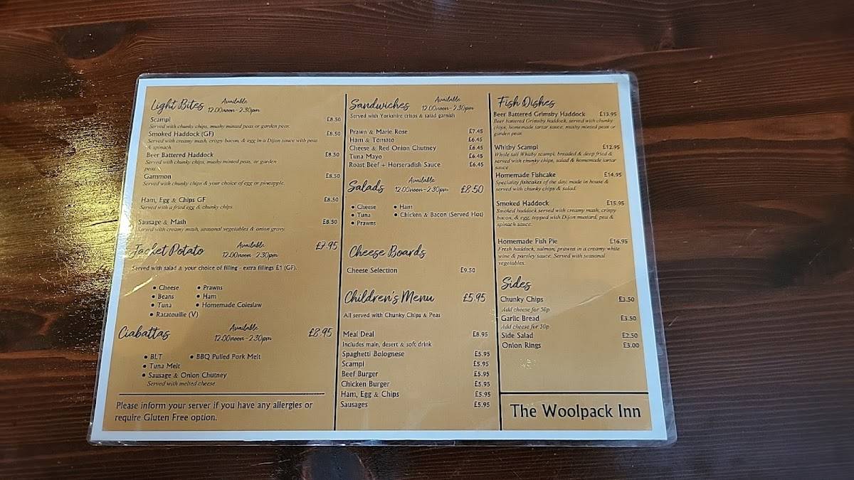 Menu at Woolpack Inn pub & bar, Louth