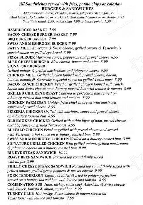 Menu at Yesterday's Bar & Grill, Woodson Terrace