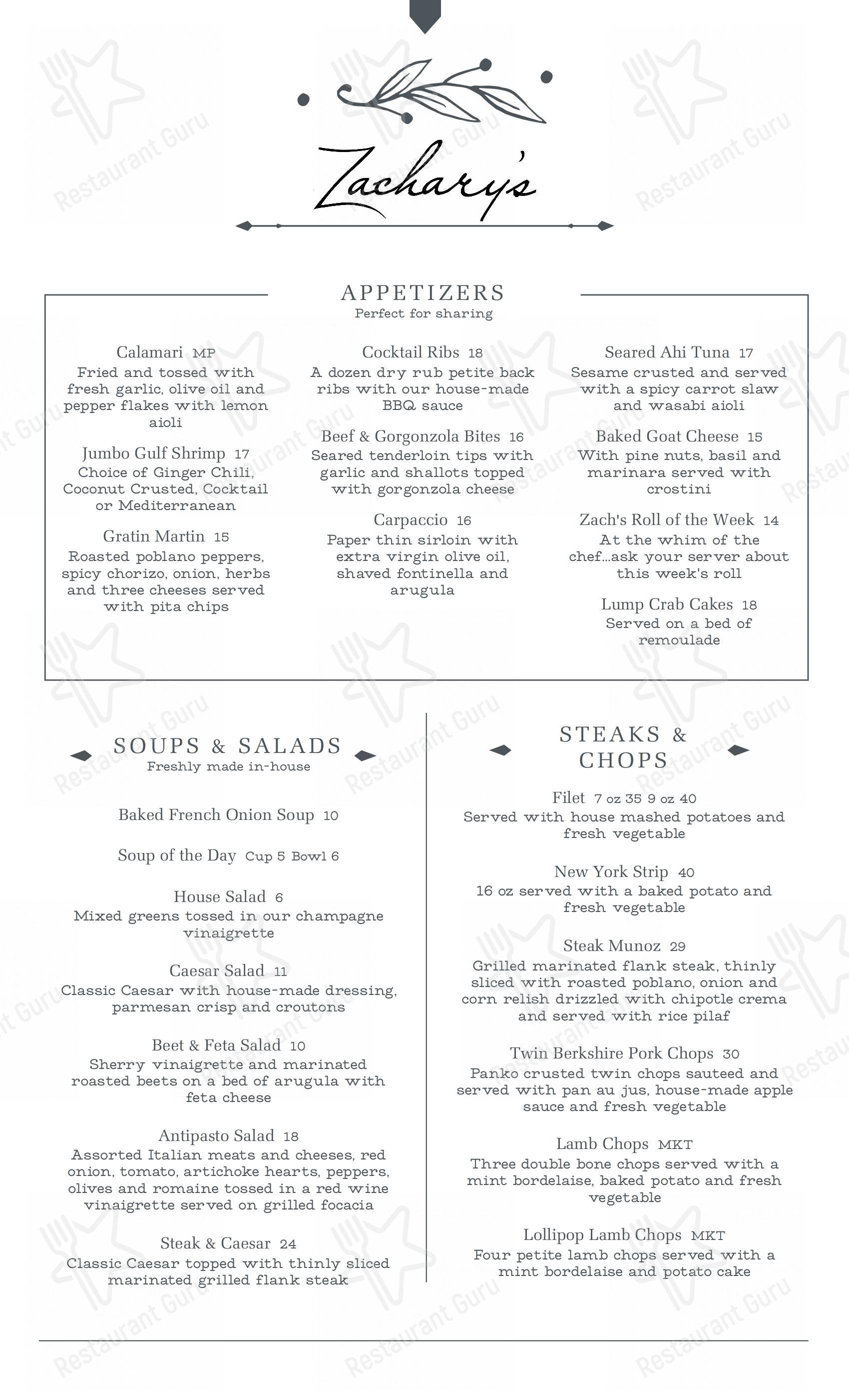 Menu at Zachary's Grill pub & bar, Palos Heights