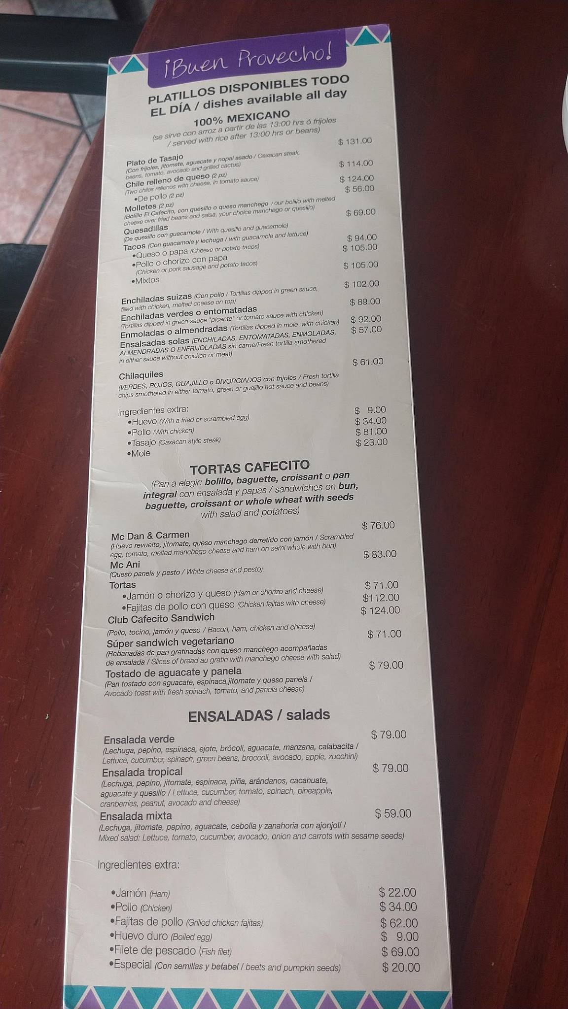 Menu at El Cafecito, Puerto Escondido, Boulevard Benito Juárez 1