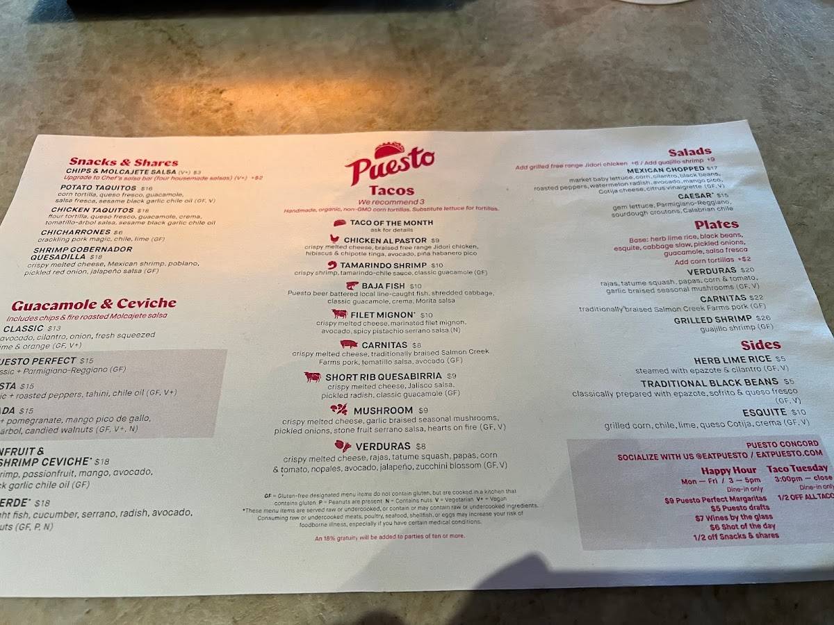 Menu at Puesto pub & bar, Concord