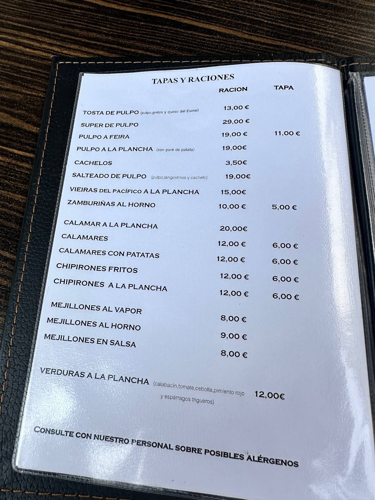 Carta del restaurante Pulpería Os Cen Pasos, Puentedeume