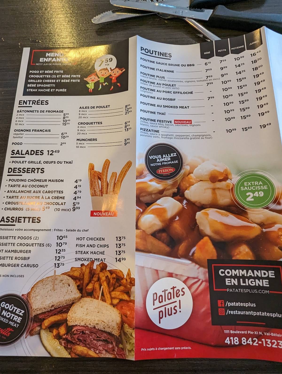 Menu au Restaurant Patates Plus, Québec