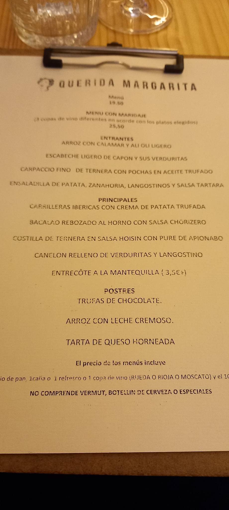 Carta del restaurante Querida Margarita, Santander, C. Andrés del Río