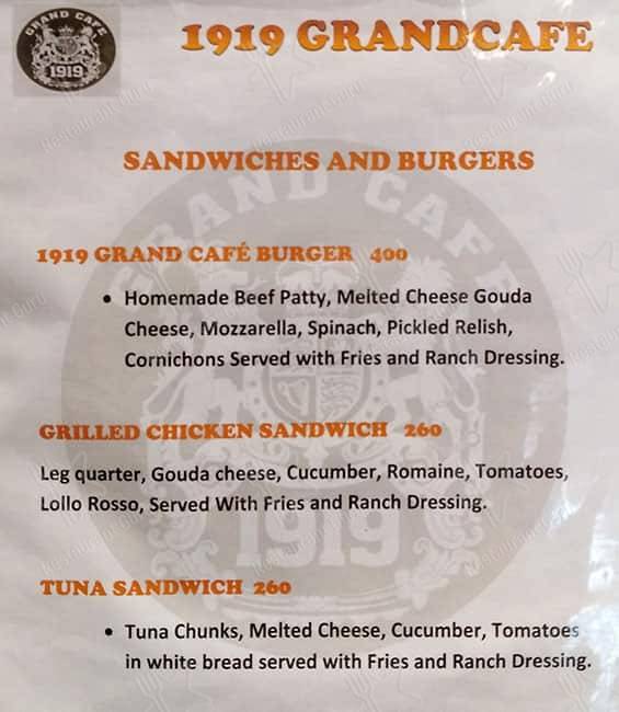 Menu at 1919 Grand Cafe, Manila
