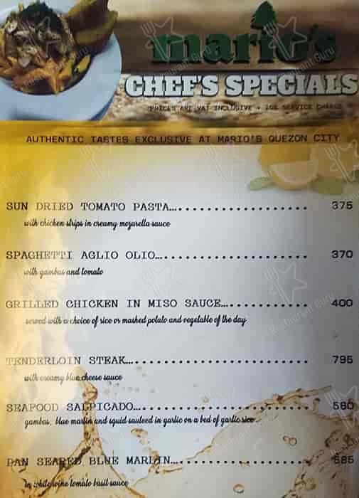 Menu at Mario's Restaurant, Quezon City