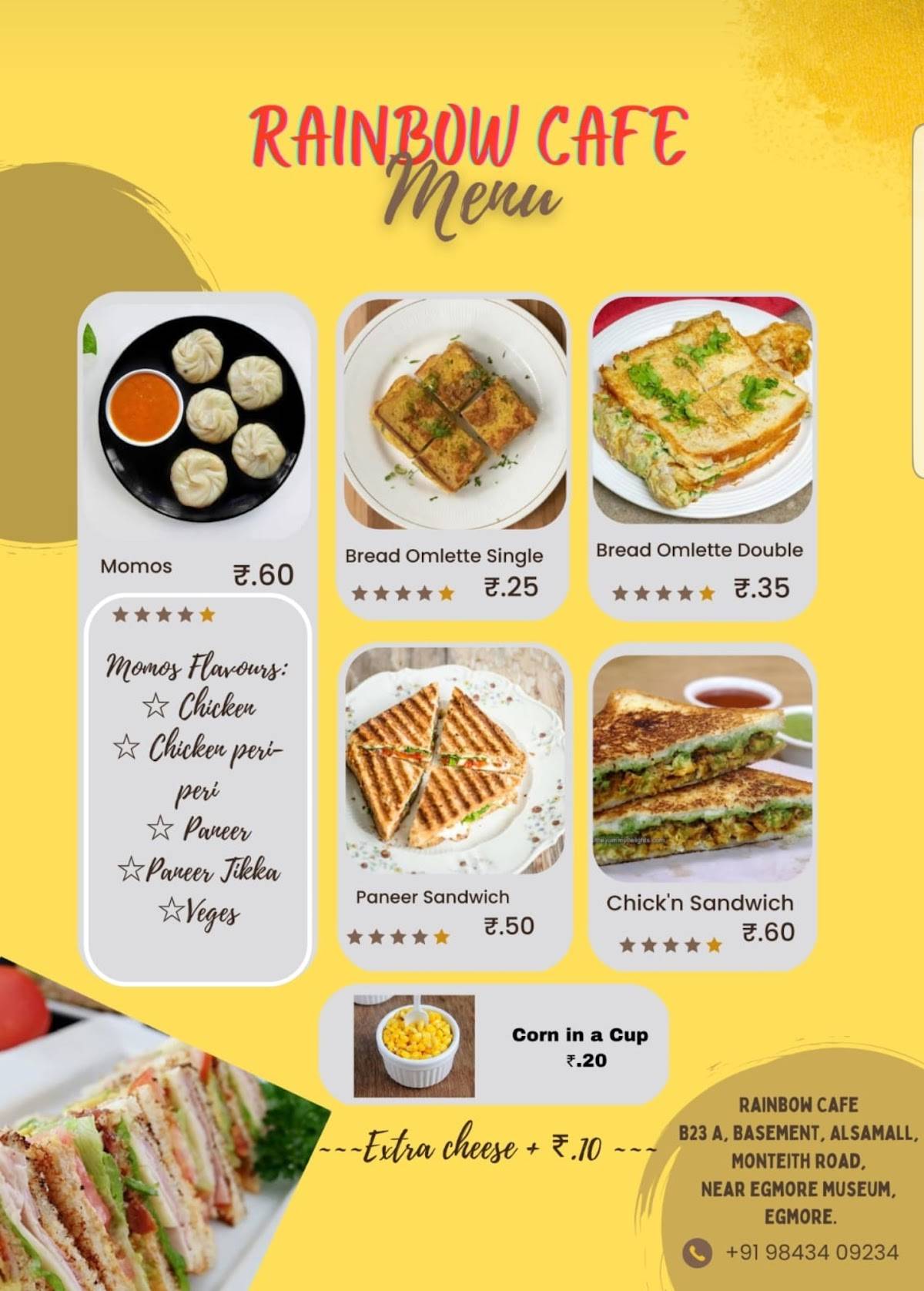 Menu at Rainbow Cafe, Chennai