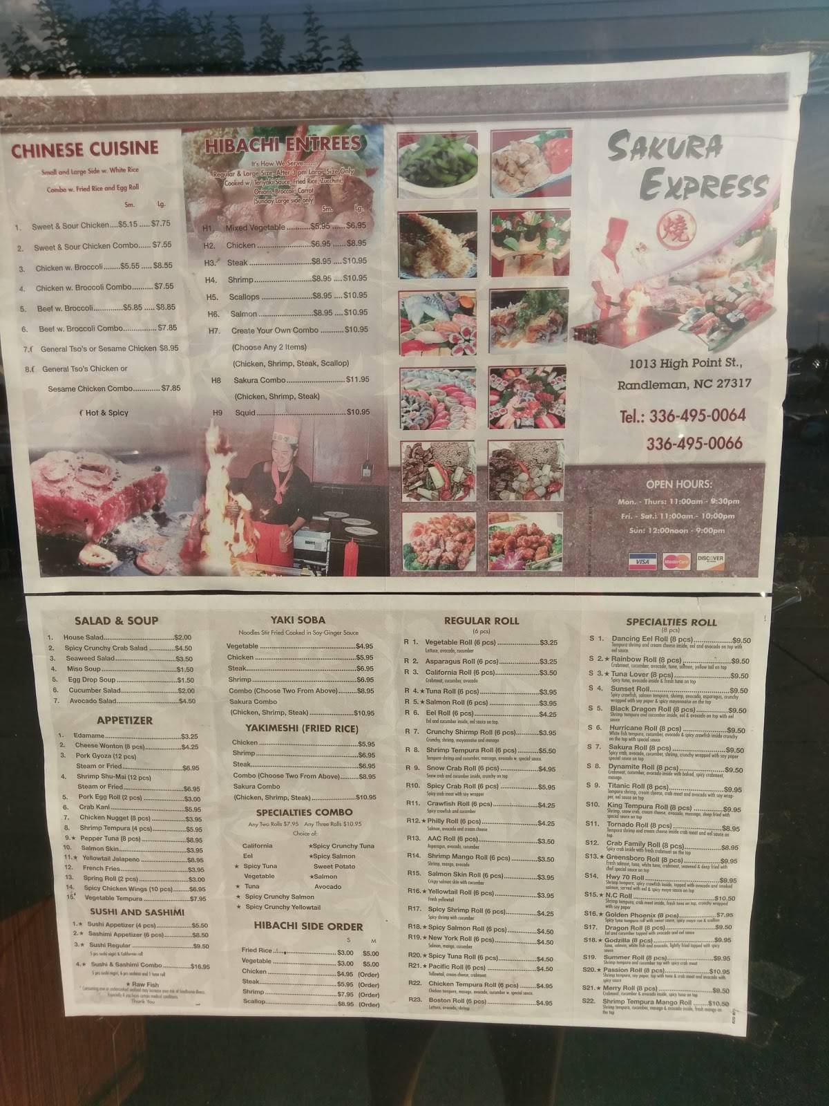 Menu at Sakura Express restaurant, Randleman, High Point St