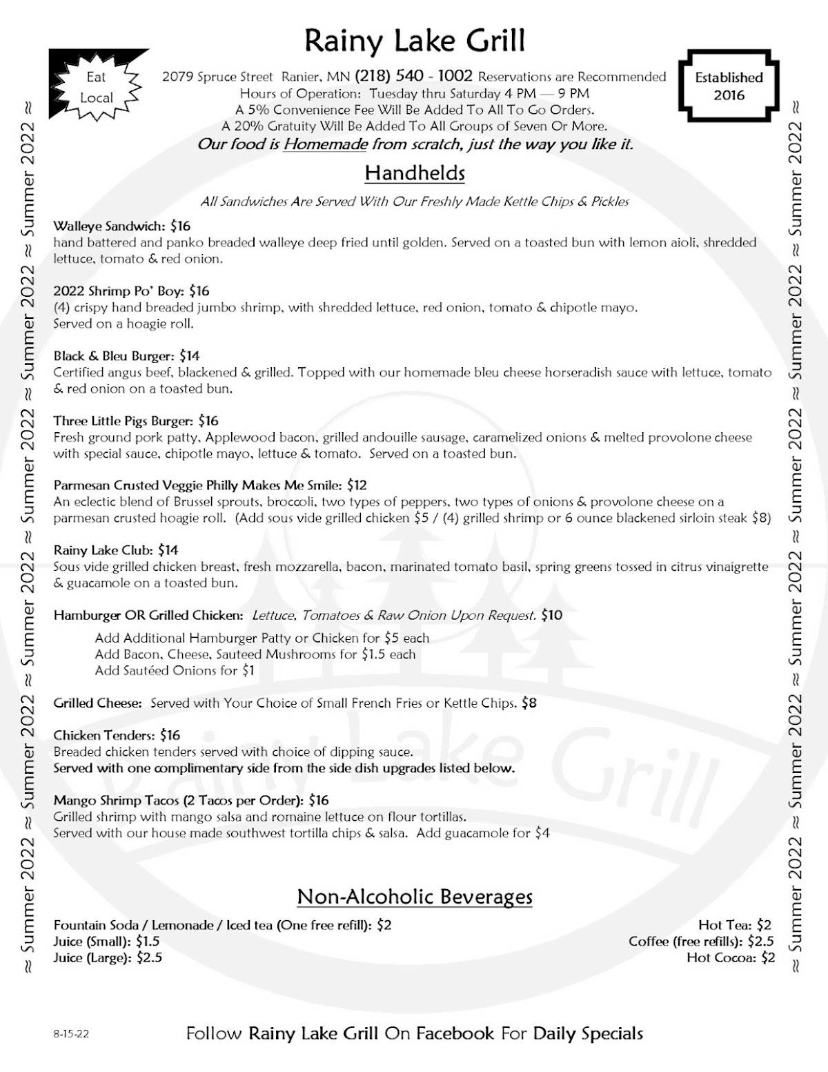 Menu at Rainy Lake Grill pub & bar, Ranier