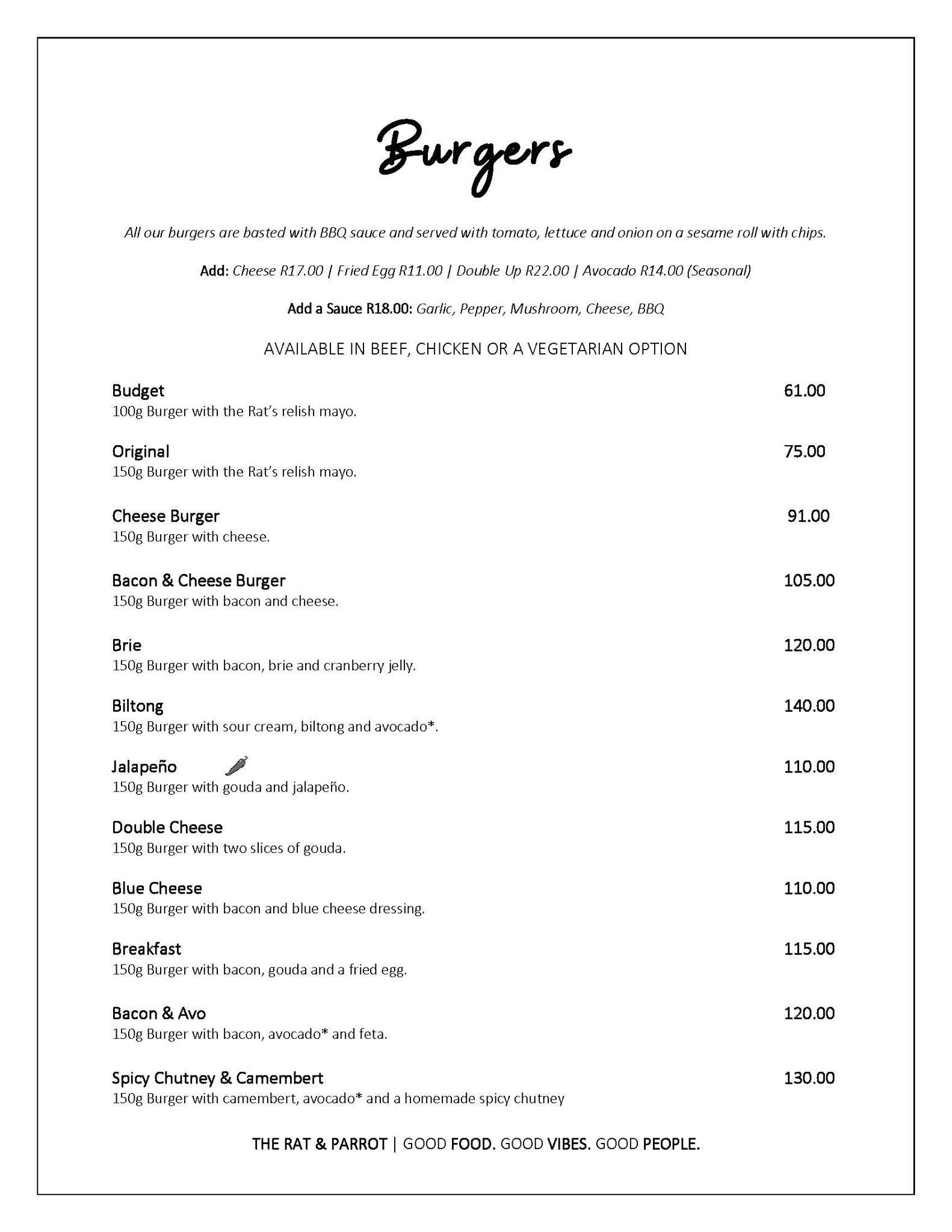 Menu at Rat & Parrot Grahamstown restaurant, Grahamstown