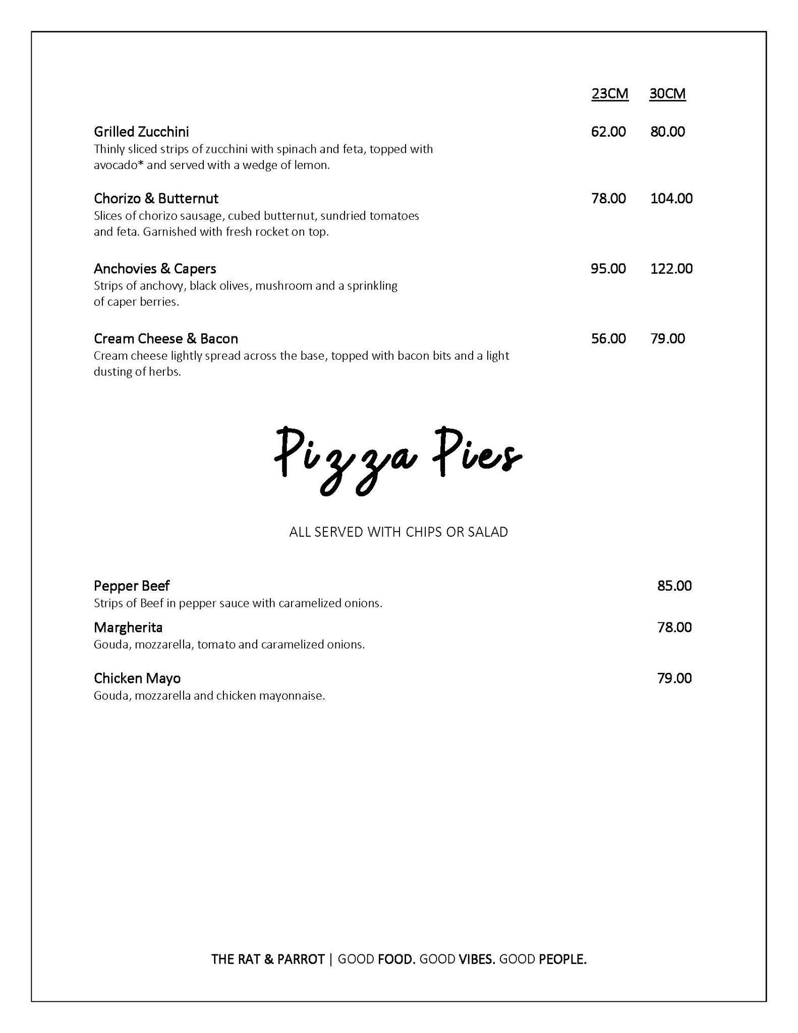 Menu at Rat & Parrot Grahamstown restaurant, Grahamstown