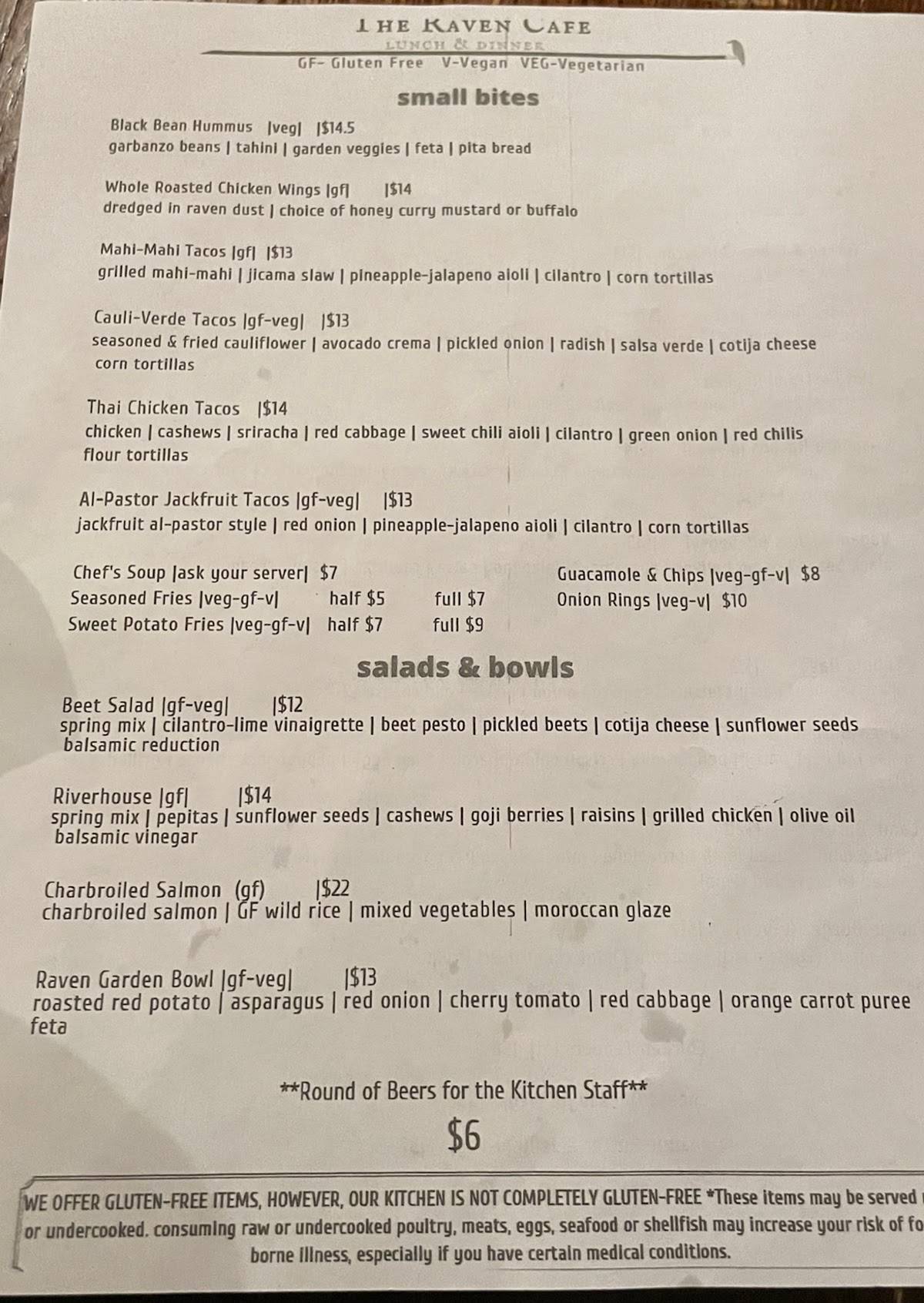 Menu at Raven Cafe, Prescott