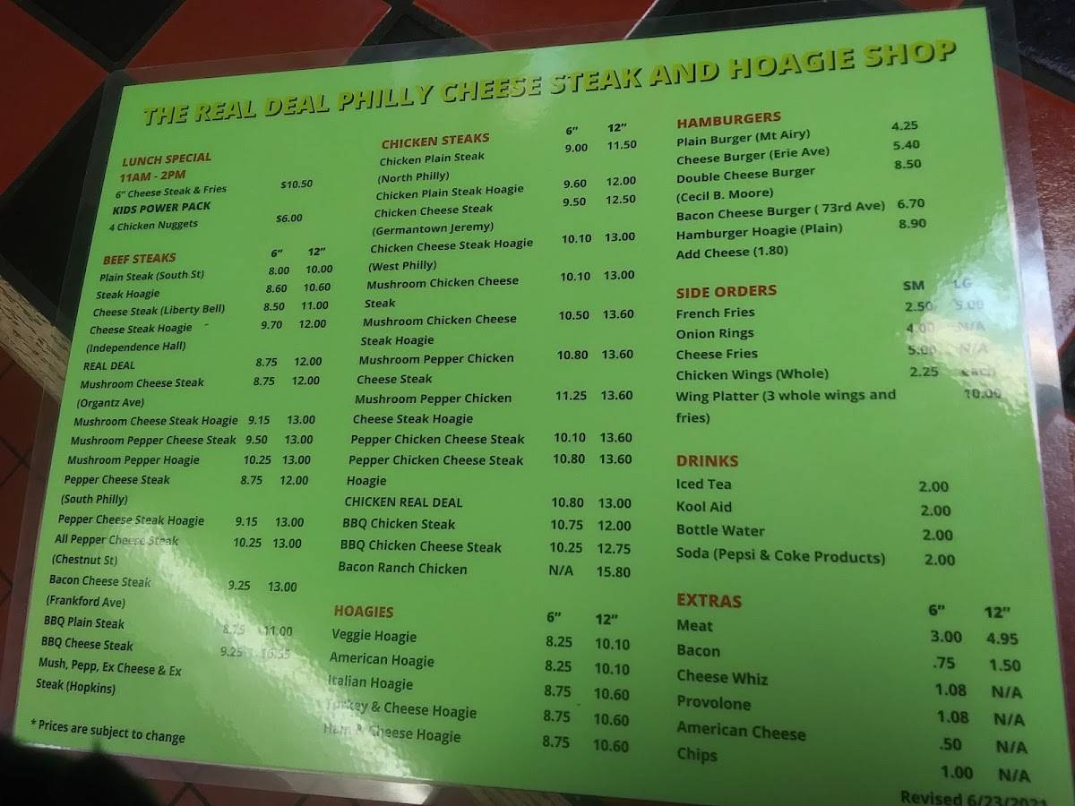 Menu at Real Deal restaurant, Spartanburg, Asheville Hwy