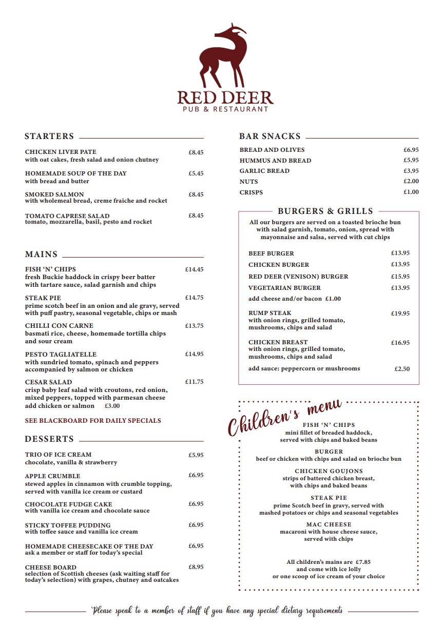 Menu at Red Deer Pub & Restaurant, Pitlochry