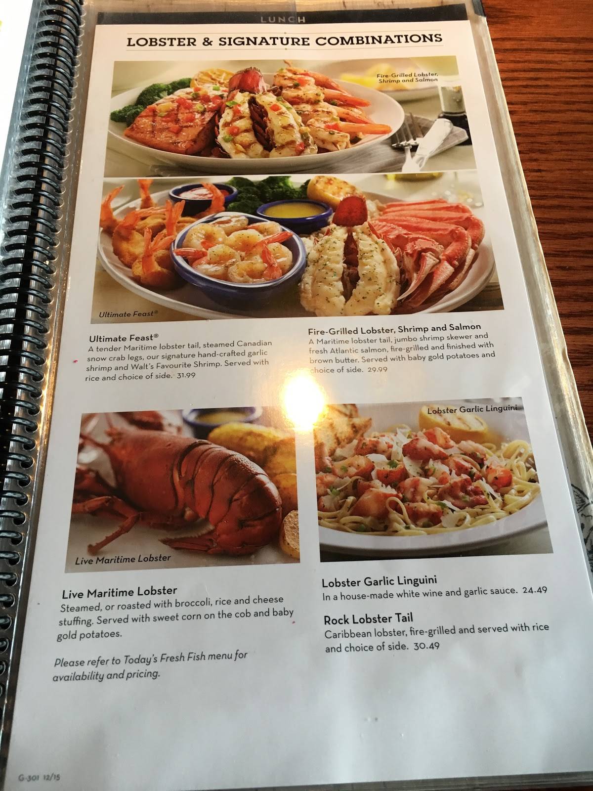 Menu at Red Lobster restaurant, Ottawa, Merivale Rd